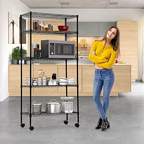 Hkeli 5 Tier Wire Shelving Heavy Duty NSF Adjustable Garage Utility Steel Storage Shelves 14Wx30Lx60H in Metal Shelf with Wheels for Office Kitchen Restaurant, Black