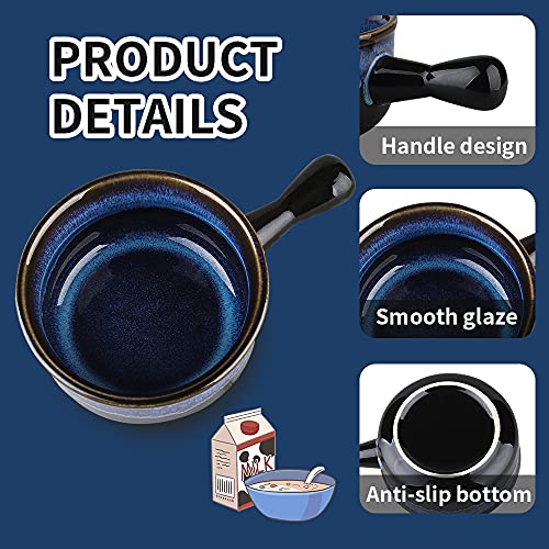 KOOV French Onion Soup Bowls With Handles Microwave Safe, 15 Oz Ceramic Soup Crocks for Oatmeal, Cereal, Stew, dessert, Reactive Glaze Set of 4 (Nebula Blue)