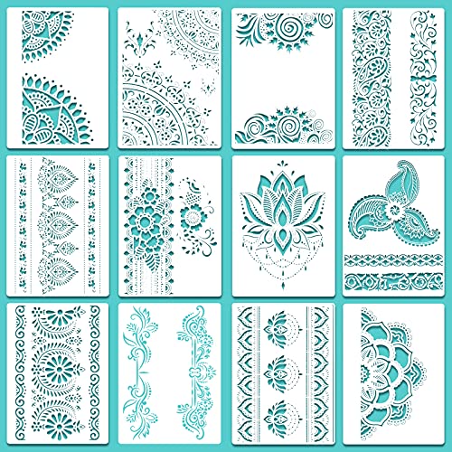 12 Pieces Large Mandala Stencil Reusable Mandala Painting Templates 8.3 x 11.7 Inch Floral Design Stencil Mandala Drawing Craft Stencil for DIY Wall, Tile, Furniture, Canva, Outdoor Indoor Decoration