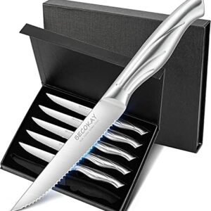 BECOKAY Steak Knives - Steak Knives Set of 6 High Carbon German Steel Serrated Steak Knife - 4.3 Inch Premium Steak Knife Set - Ergonomic Full Tang Hollow Handle (Silver)