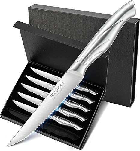 BECOKAY Steak Knives - Steak Knives Set of 6 High Carbon German Steel Serrated Steak Knife - 4.3 Inch Premium Steak Knife Set - Ergonomic Full Tang Hollow Handle (Silver)