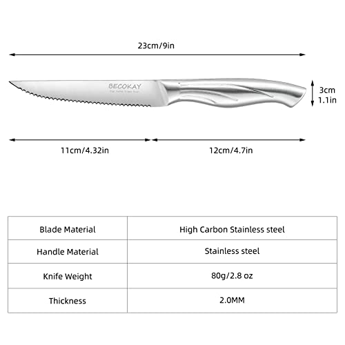 BECOKAY Steak Knives - Steak Knives Set of 6 High Carbon German Steel Serrated Steak Knife - 4.3 Inch Premium Steak Knife Set - Ergonomic Full Tang Hollow Handle (Silver)