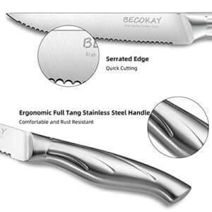 BECOKAY Steak Knives - Steak Knives Set of 6 High Carbon German Steel Serrated Steak Knife - 4.3 Inch Premium Steak Knife Set - Ergonomic Full Tang Hollow Handle (Silver)