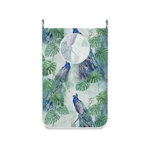 oyihfvs peacock with beautiful feathers green tropical leaves 1pc hanging laundry hamper bag, dirty clothes bag over the door, wall cloth basket with hooks storage college closet for bathroom bedroom