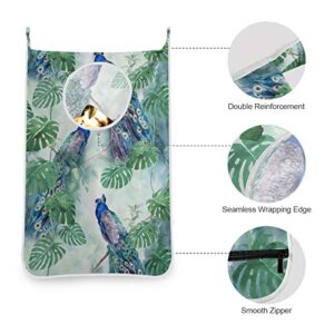 Oyihfvs Peacock with Beautiful Feathers Green Tropical Leaves 1PC Hanging Laundry Hamper Bag, Dirty Clothes Bag Over The Door, Wall Cloth Basket with Hooks Storage College Closet for Bathroom Bedroom