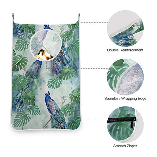 Oyihfvs Peacock with Beautiful Feathers Green Tropical Leaves 1PC Hanging Laundry Hamper Bag, Dirty Clothes Bag Over The Door, Wall Cloth Basket with Hooks Storage College Closet for Bathroom Bedroom