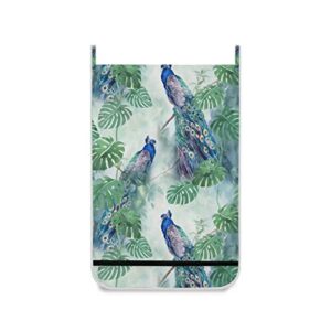 Oyihfvs Peacock with Beautiful Feathers Green Tropical Leaves 1PC Hanging Laundry Hamper Bag, Dirty Clothes Bag Over The Door, Wall Cloth Basket with Hooks Storage College Closet for Bathroom Bedroom