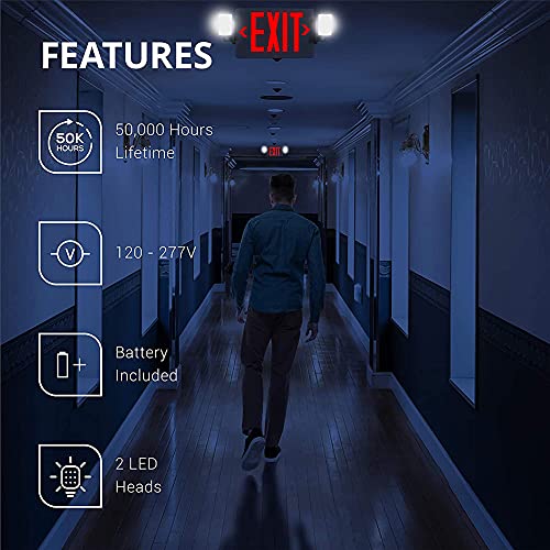 OSTEK Red LED Exit Sign Emergency Light, Two LED Adjustable Head Emergency Exit Lights with 90 Minutes Battery Backup, Dual LED Lamp ABS Fire Resistance UL-Listed (1)