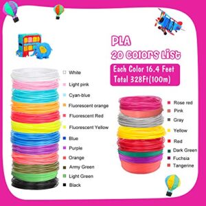 3D Pen Filament 328 Feet 20 Colors, Widon PLA Filament Bonus Finger Caps, 1.75mm Filament Refills, Non-Toxic, Smooth Printing and Kids Safe