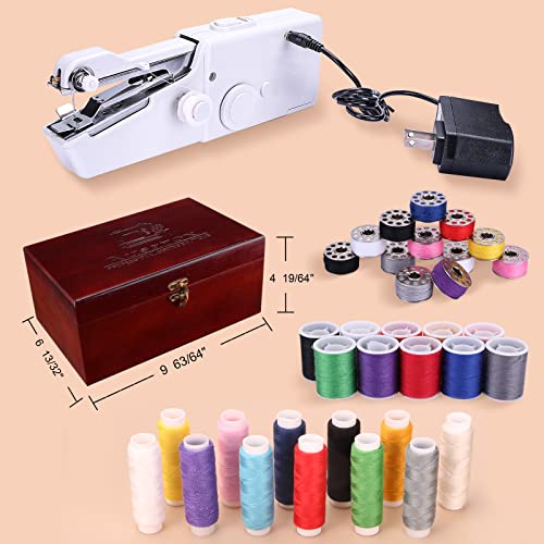 Hand held Sewing Device, Handheld Sewing Machine Heavy duty, Hand Sewing Machine Portable, Wooden Sewing Box with 153 Pcs Sewing Kit