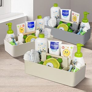 Baby Shower Caddy Plastic Nursery Portable Storage Organizer Caddy Tote for Child/Kids, Divided Basket Bin with Wood Handle for Bathroom, Dorm Room, Holds Hand Soap, Bottles, Spoons (Beige)