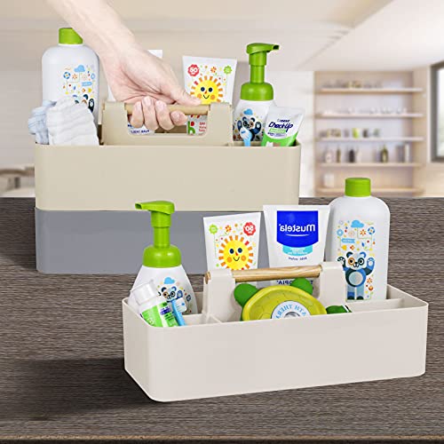 Baby Shower Caddy Plastic Nursery Portable Storage Organizer Caddy Tote for Child/Kids, Divided Basket Bin with Wood Handle for Bathroom, Dorm Room, Holds Hand Soap, Bottles, Spoons (Beige)