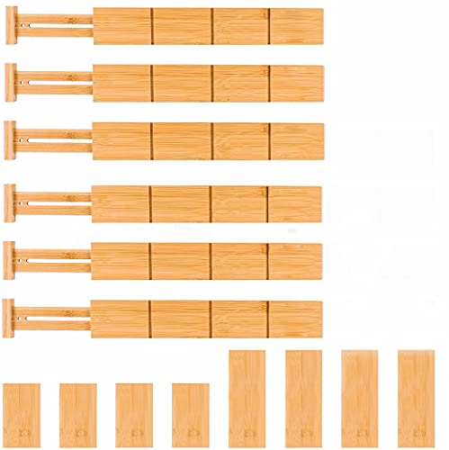 ecozoi Bamboo Drawer Divider Organizers, Set of 6 Dividers with 8 Connectors for Flexible Organizing