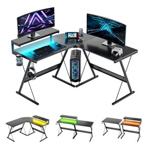 bestier gaming desk 51 inch led l shaped computer corner desk with 32" large monitor shelf gamer desk workstation reversible 63" long desk for 2 persons cup holder headset hook, carbon fiber black