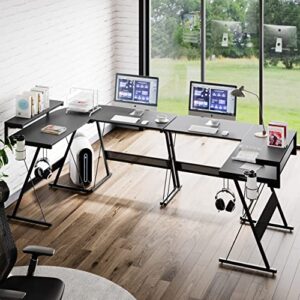 Bestier Gaming Desk 51 Inch LED L Shaped Computer Corner Desk with 32" Large Monitor Shelf Gamer Desk Workstation Reversible 63" Long Desk for 2 Persons Cup Holder Headset Hook, Carbon Fiber Black