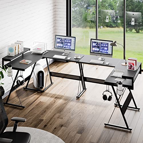 Bestier Gaming Desk 51 Inch LED L Shaped Computer Corner Desk with 32" Large Monitor Shelf Gamer Desk Workstation Reversible 63" Long Desk for 2 Persons Cup Holder Headset Hook, Carbon Fiber Black