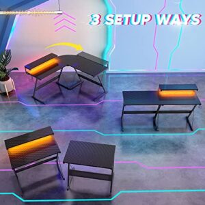 Bestier Gaming Desk 51 Inch LED L Shaped Computer Corner Desk with 32" Large Monitor Shelf Gamer Desk Workstation Reversible 63" Long Desk for 2 Persons Cup Holder Headset Hook, Carbon Fiber Black