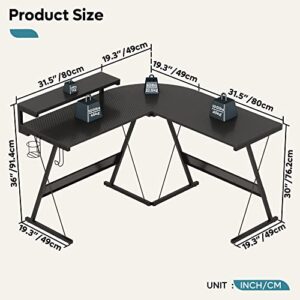 Bestier Gaming Desk 51 Inch LED L Shaped Computer Corner Desk with 32" Large Monitor Shelf Gamer Desk Workstation Reversible 63" Long Desk for 2 Persons Cup Holder Headset Hook, Carbon Fiber Black