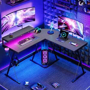 Bestier Gaming Desk 51 Inch LED L Shaped Computer Corner Desk with 32" Large Monitor Shelf Gamer Desk Workstation Reversible 63" Long Desk for 2 Persons Cup Holder Headset Hook, Carbon Fiber Black