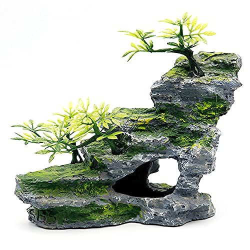 IBWell Aquarium Ornament Rock Cave Landscape Artificial Mountain View Stone with Moss Tree Fish Tank Decoration (#Hill A)