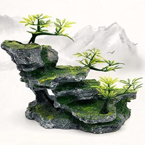 IBWell Aquarium Ornament Rock Cave Landscape Artificial Mountain View Stone with Moss Tree Fish Tank Decoration (#Hill A)