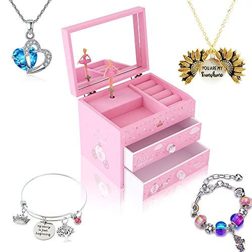 Agitation Unicorn/Princess Wooden Musical Jewelry Box for Girls with Unicorn/Princess Jewelry Set (Pink Princess2)