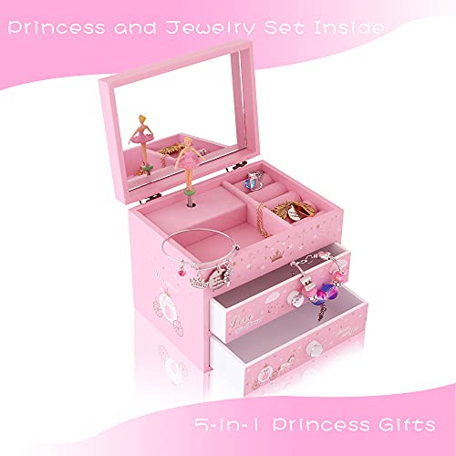 Agitation Unicorn/Princess Wooden Musical Jewelry Box for Girls with Unicorn/Princess Jewelry Set (Pink Princess2)