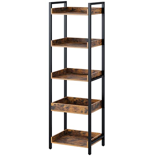 Rolanstar Bookshelf, 5-Tier Storage Rack, Narrow Corner Bookshelf, Display Wooden Shelves for Living Room, Bathroom, Balcony, Kitchen,Rustic Brown