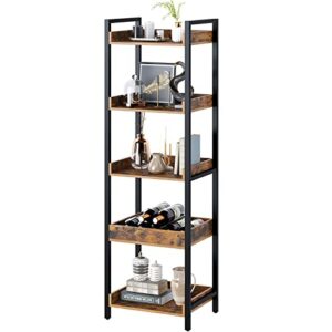 Rolanstar Bookshelf, 5-Tier Storage Rack, Narrow Corner Bookshelf, Display Wooden Shelves for Living Room, Bathroom, Balcony, Kitchen,Rustic Brown