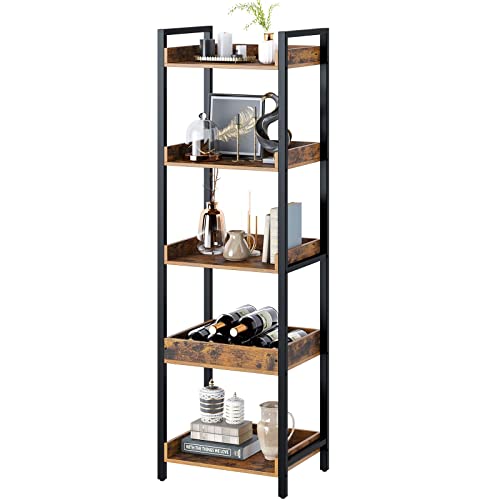 Rolanstar Bookshelf, 5-Tier Storage Rack, Narrow Corner Bookshelf, Display Wooden Shelves for Living Room, Bathroom, Balcony, Kitchen,Rustic Brown