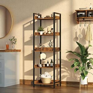 Rolanstar Bookshelf, 5-Tier Storage Rack, Narrow Corner Bookshelf, Display Wooden Shelves for Living Room, Bathroom, Balcony, Kitchen,Rustic Brown