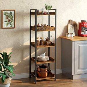 Rolanstar Bookshelf, 5-Tier Storage Rack, Narrow Corner Bookshelf, Display Wooden Shelves for Living Room, Bathroom, Balcony, Kitchen,Rustic Brown