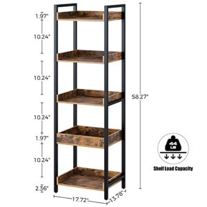 Rolanstar Bookshelf, 5-Tier Storage Rack, Narrow Corner Bookshelf, Display Wooden Shelves for Living Room, Bathroom, Balcony, Kitchen,Rustic Brown