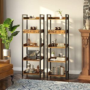 Rolanstar Bookshelf, 5-Tier Storage Rack, Narrow Corner Bookshelf, Display Wooden Shelves for Living Room, Bathroom, Balcony, Kitchen,Rustic Brown