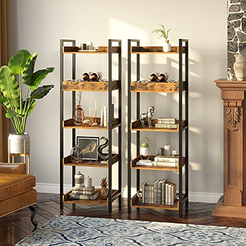 Rolanstar Bookshelf, 5-Tier Storage Rack, Narrow Corner Bookshelf, Display Wooden Shelves for Living Room, Bathroom, Balcony, Kitchen,Rustic Brown