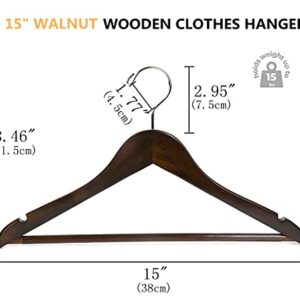 Amber Home 15" Walnut Wooden Clothes Hangers for Woman 20 Pack, Teenager Clothing Hangers for Shirt Jacket, Solid Wood Dress Coat Hangers with Non Slip Pants Bar (Walnut, 20)