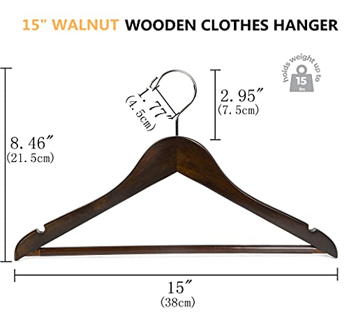 Amber Home 15" Walnut Wooden Clothes Hangers for Woman 20 Pack, Teenager Clothing Hangers for Shirt Jacket, Solid Wood Dress Coat Hangers with Non Slip Pants Bar (Walnut, 20)