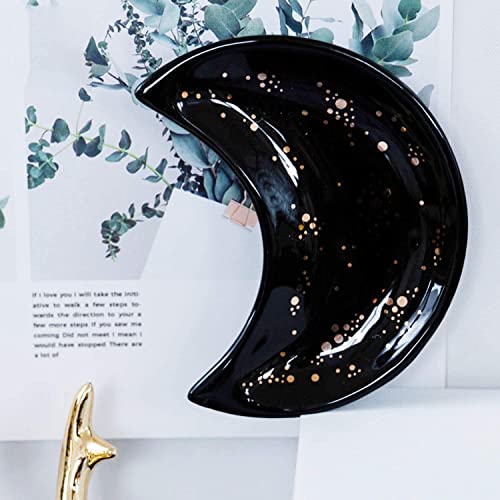 Small Moon Jewelry Dish Tray, Decorative Ceramic Trinket Dish, Modern Accent Tray for Vanity（Black and White ）