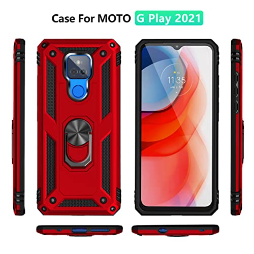 YZOK Compatible with Moto G Play Case,with HD Screen Protector,[Military Grade] Ring Car Mount Kickstand Hybrid Hard PC Soft TPU Shockproof Protective Case for Motorola Moto G Play 2021 (Red)