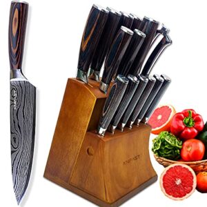 knife set 16-piece kitchen knife set with wooden block, germany high carbon stainless steel professional chef knife block set, ultra sharp, forged