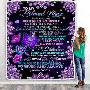 CenturyTee Personalized to Beloved Niece Blanket from Aunt Auntie Uncle I Love You Forever and Always Butterfly Niece Birthday Christmas Customized Fleece Blanket (50 x 60 Inches - Youth Size)