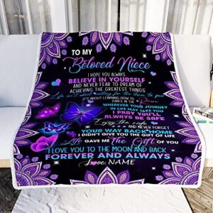 CenturyTee Personalized to Beloved Niece Blanket from Aunt Auntie Uncle I Love You Forever and Always Butterfly Niece Birthday Christmas Customized Fleece Blanket (50 x 60 Inches - Youth Size)