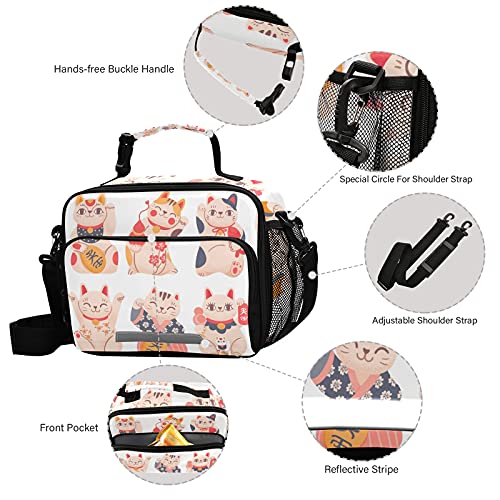 Japanese Lucky Cats Lunch Bag for Women and Men Insulated Lunch Box for School Student Teen Girls Boys Business Picnic Travel Cooler Bag with Shoulder Strap