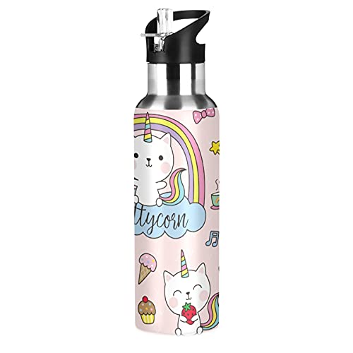 Cute Rainbow Kitty Cat Unicorn Sports Water Bottles with Straw Insulated Stainless Steel Vacuum Flask Keeps Hot and Cold for Kids Adult Travel