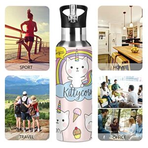 Cute Rainbow Kitty Cat Unicorn Sports Water Bottles with Straw Insulated Stainless Steel Vacuum Flask Keeps Hot and Cold for Kids Adult Travel