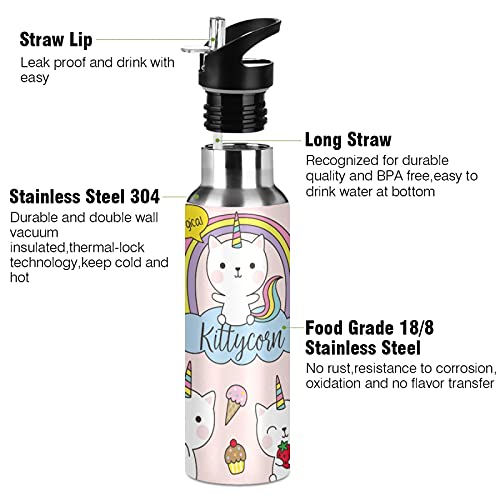 Cute Rainbow Kitty Cat Unicorn Sports Water Bottles with Straw Insulated Stainless Steel Vacuum Flask Keeps Hot and Cold for Kids Adult Travel