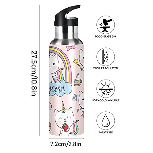 Cute Rainbow Kitty Cat Unicorn Sports Water Bottles with Straw Insulated Stainless Steel Vacuum Flask Keeps Hot and Cold for Kids Adult Travel