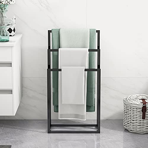 BOFENG 3 Tiers Black Metal Towel Rack Chrome Tall Industrial Modern Freestanding Towel Holder for Bathroom Accessories Organizer for Bath Storage & Hand Towels,Washcloths,Next to Tub or Shower