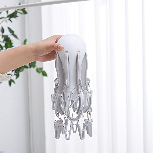 XIGUI Foldable Clip and Drip Hanger, Folding Portable Underwear Hangers Hanging Drying Rack, 8-Claw Octopus Hanging Dryer with 16 Clips Small Hanger, Simple to fold up and Place