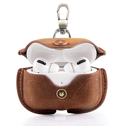 AirPods Leather Case, MRPLUM Genuine Leather Pro Protective Portable Shockproof Cases Cover with Key Chain Compatible with Airpods Pro Charging Case (Brown)